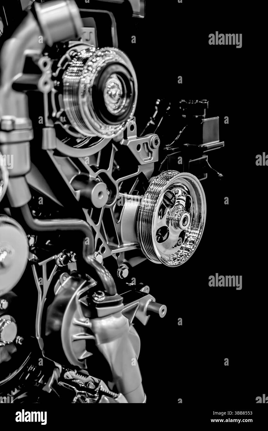 Close up view of Modern automotive engine exterior details in ...