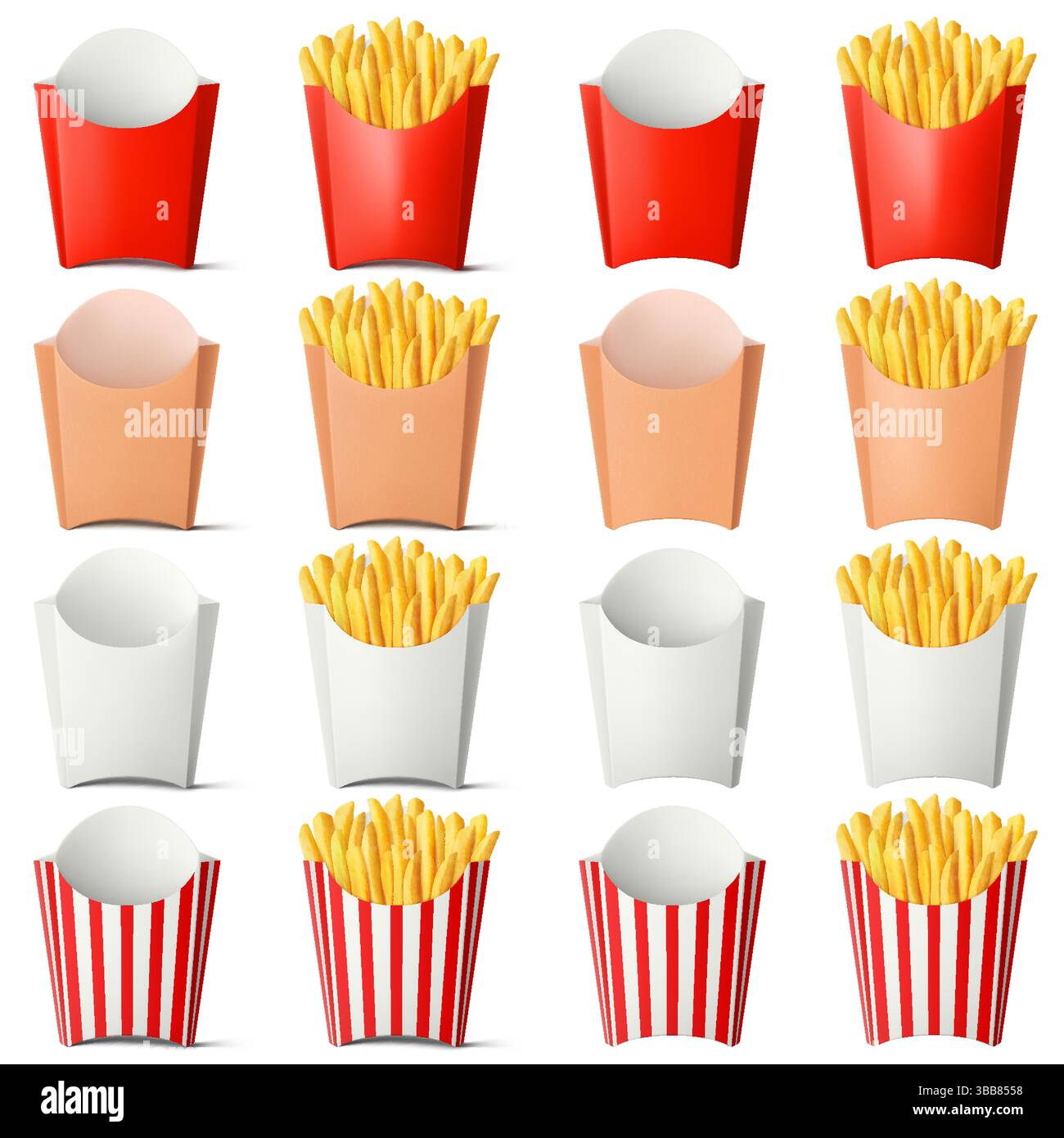 French fries in red and white paper french fry boxes isolated on a ...