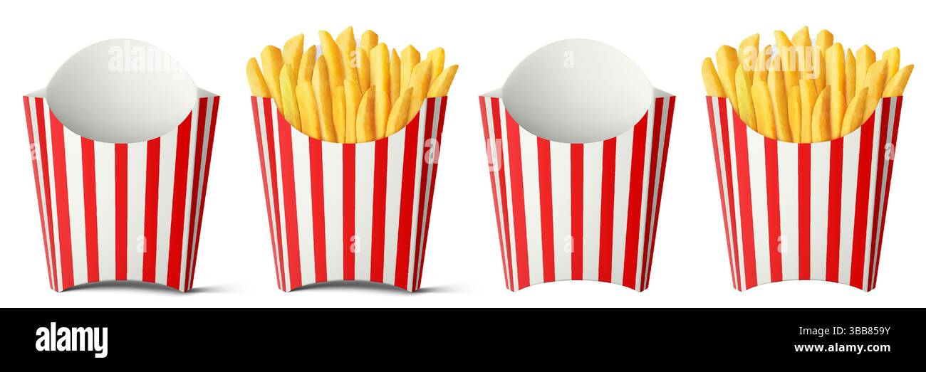 French fries in striped red and white paper french fry boxes isolated ...