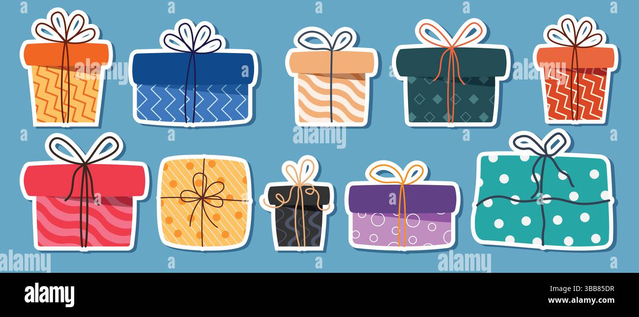Gift boxes stickers colorful clipart set. Gift box outline sticker ...