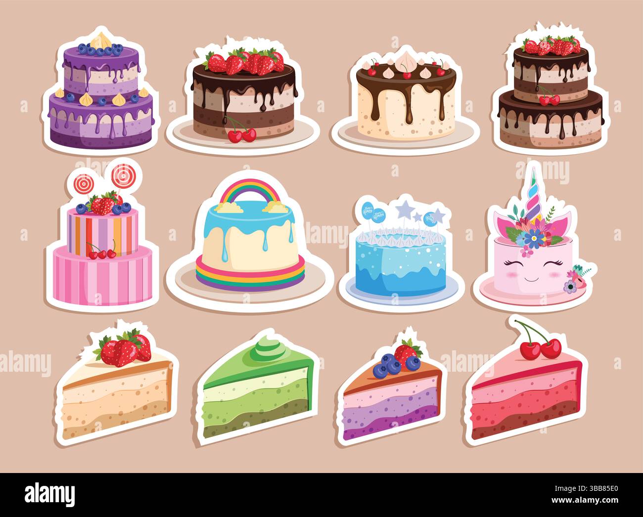Cake birthday stickers elements clipart set. Cupcake sticker colorful ...