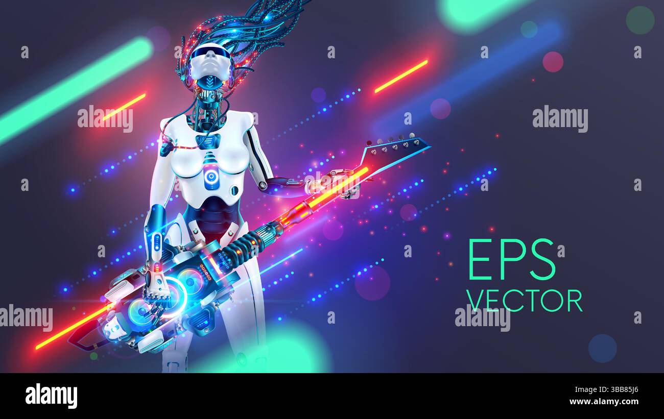 Robot rock musician plays guitar at concert. Cyborg rocker performs ...