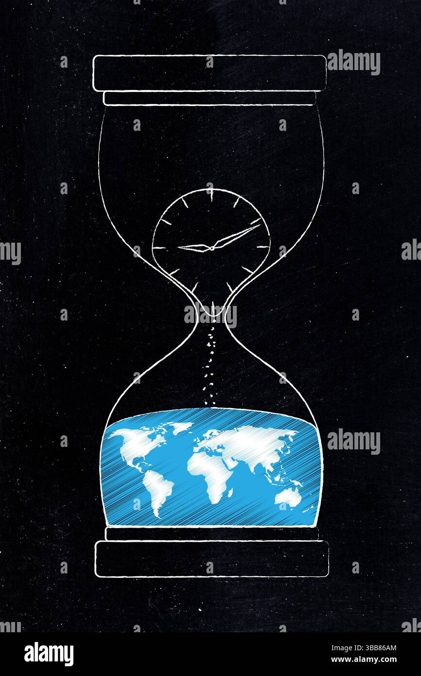 hourglass with clocks and world map, time running out to save the ...