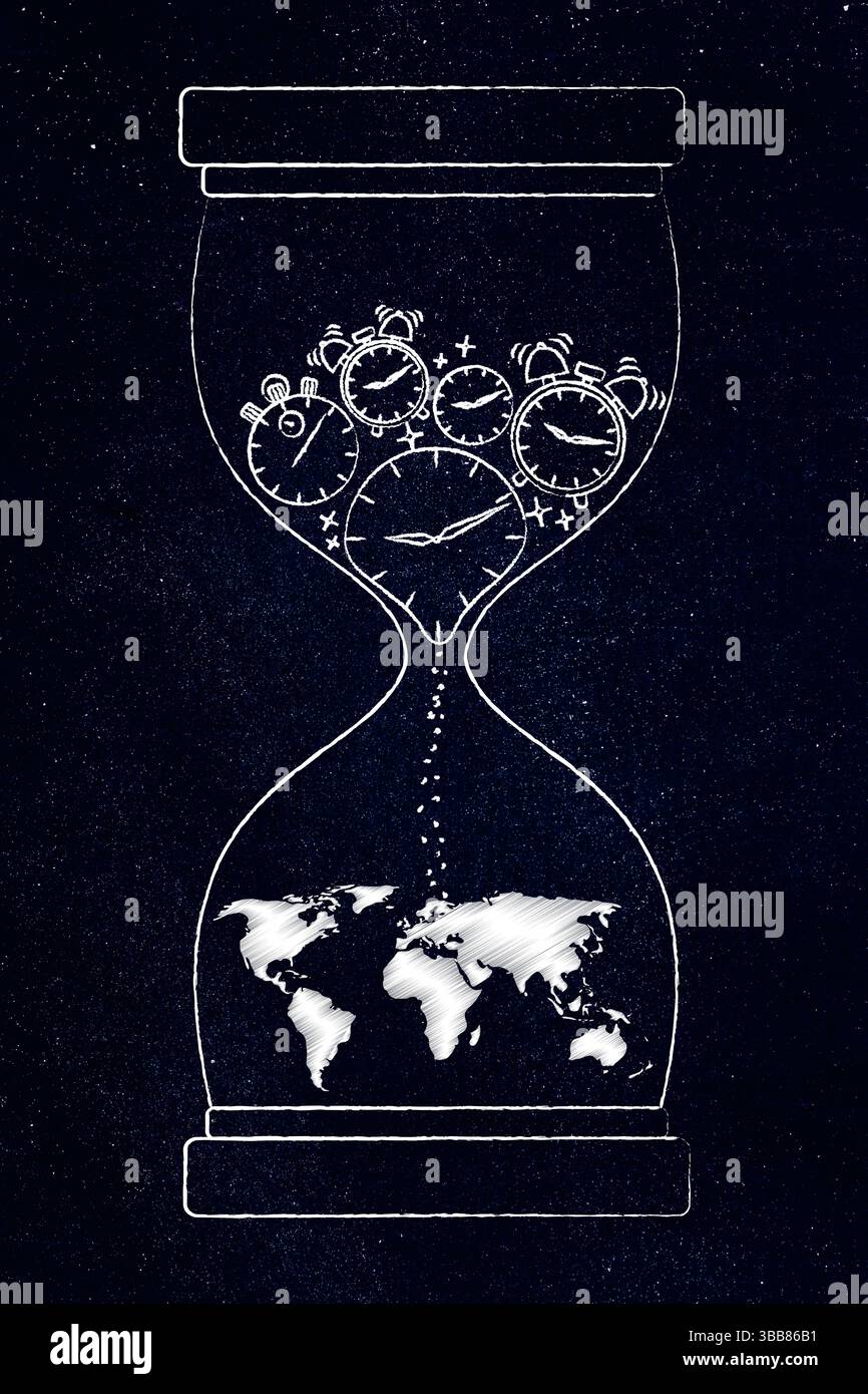 hourglass with clocks and world map, time running out to save the ...