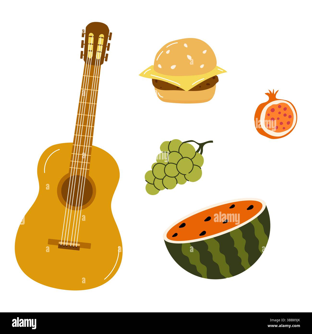 Musical picnic setup with a guitar, snacks, and refreshing fruits on a ...
