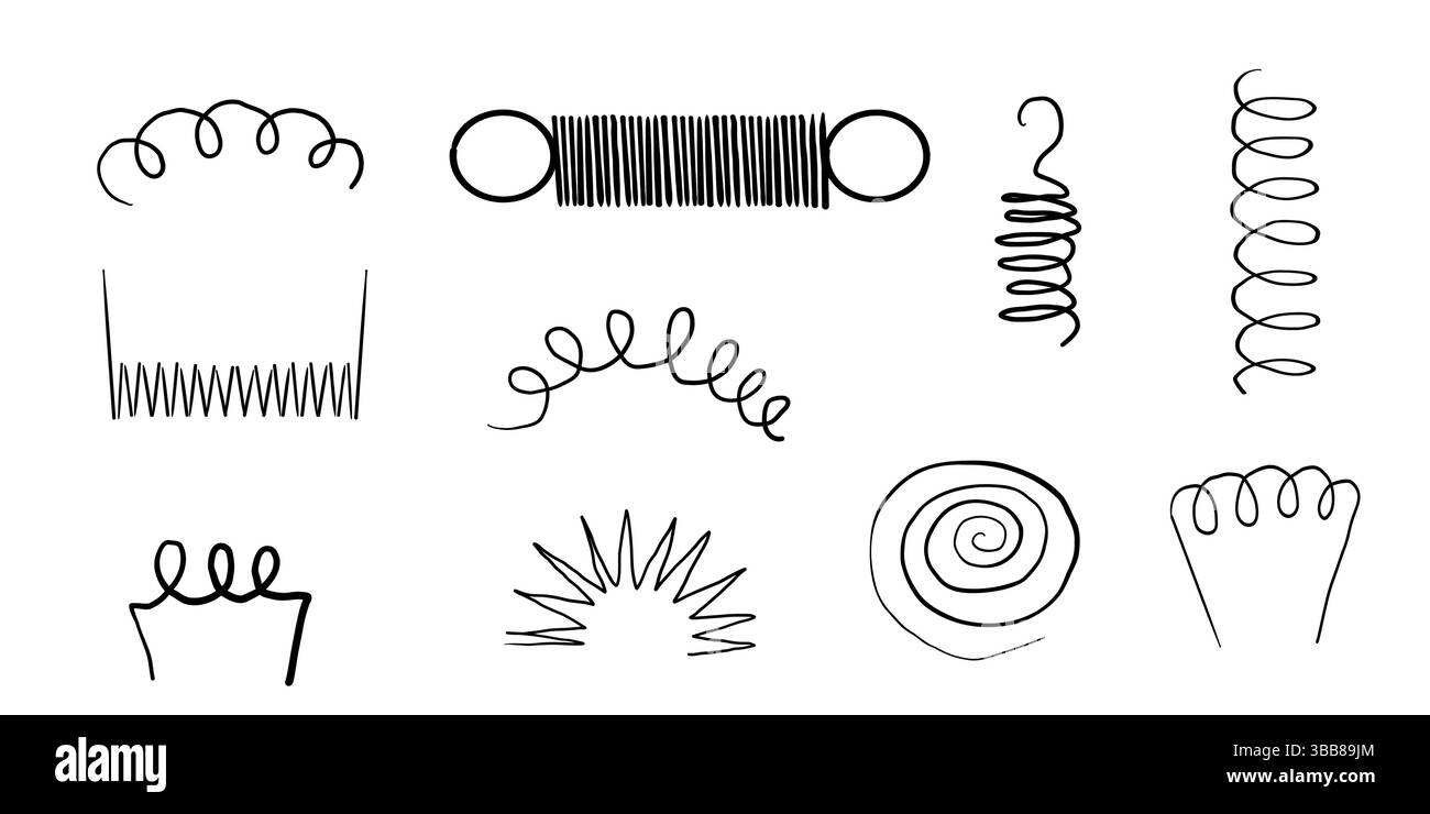 Metal coil spiral bounce metal line hand drawn doodle. Slinky or wire ...