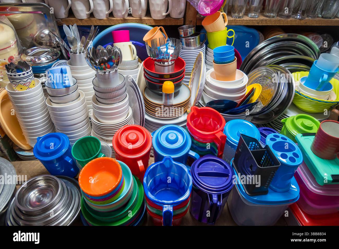 Cheap plastic household items for sale on the market close up in Arusha ...