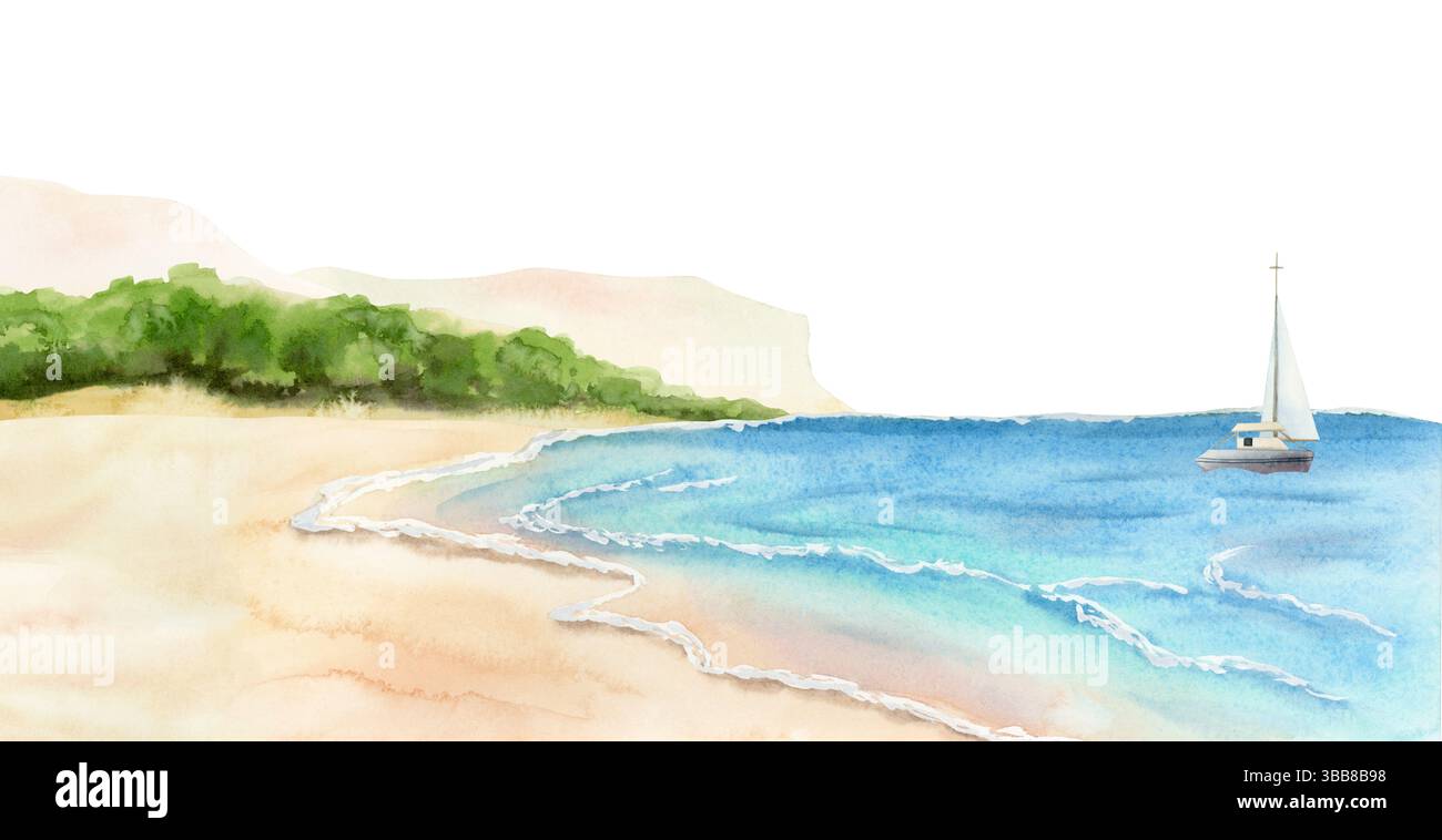 Watercolor seascape with sailboat near ocean coast and picturesque ...