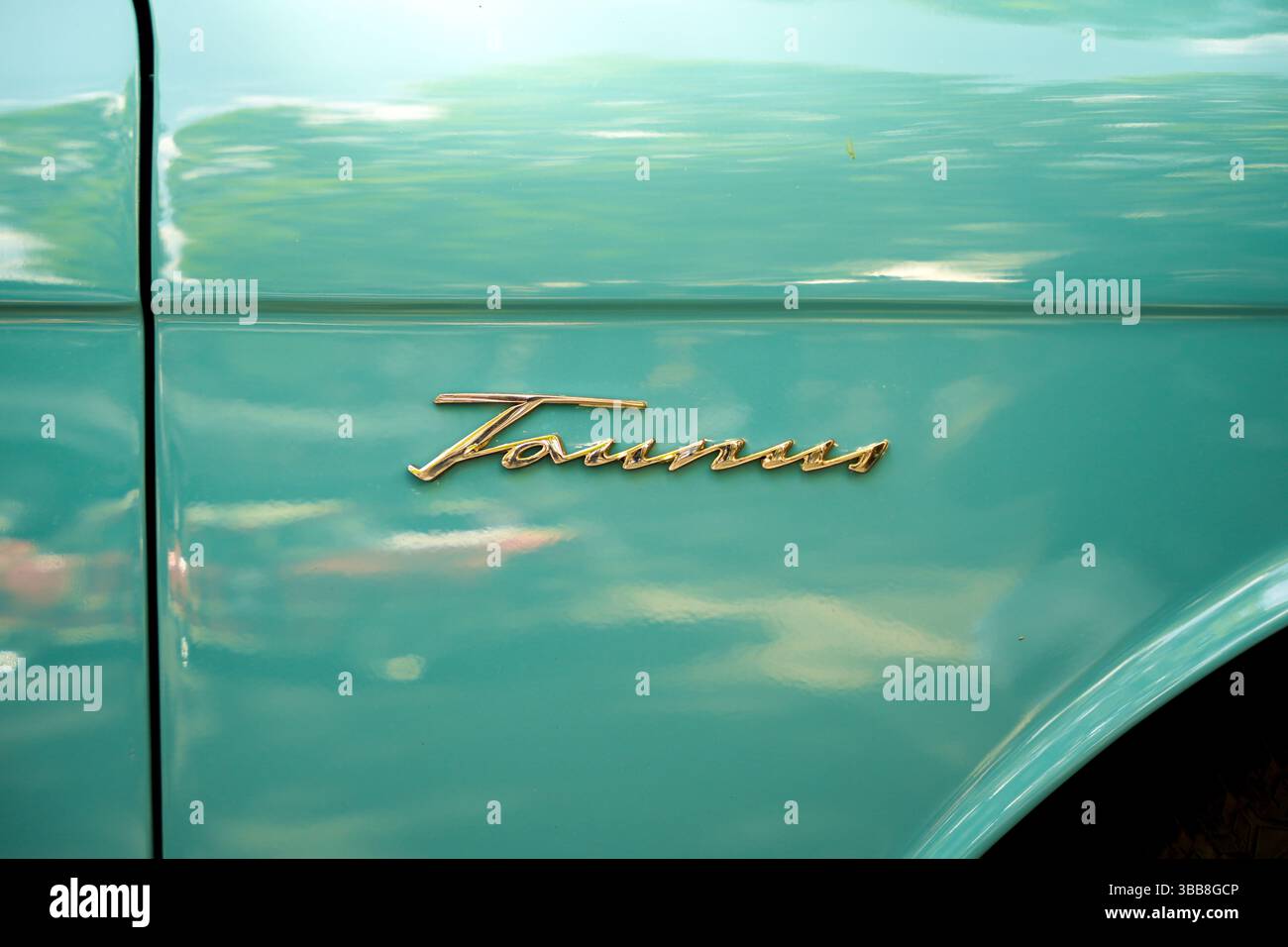 Germany Berlin May 11, 2025. Ford Taunus lettering. Golden Taunus ...