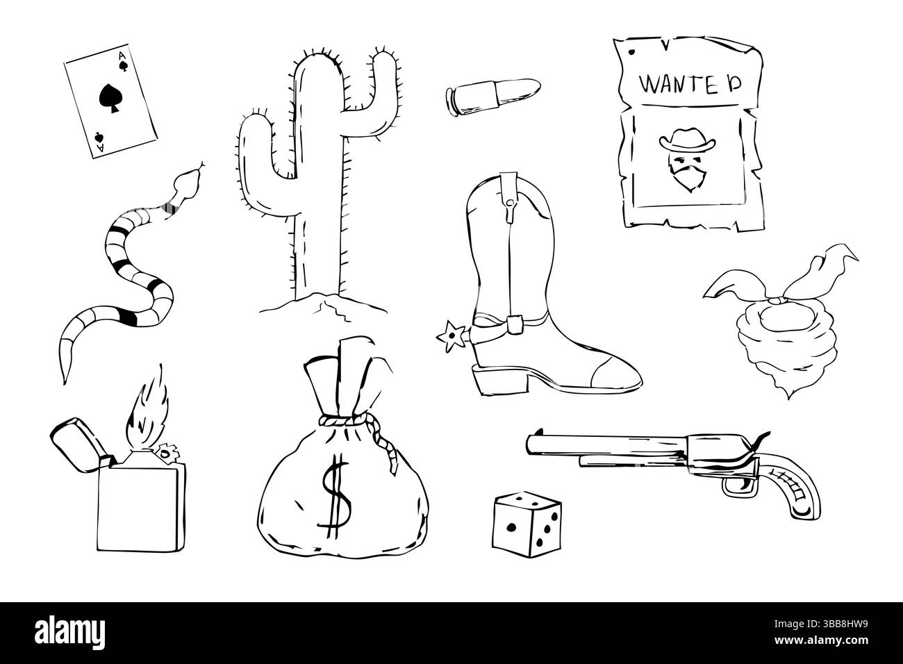 Wild west sketch set with vintage cowboy hat, gan. Desert elements ...