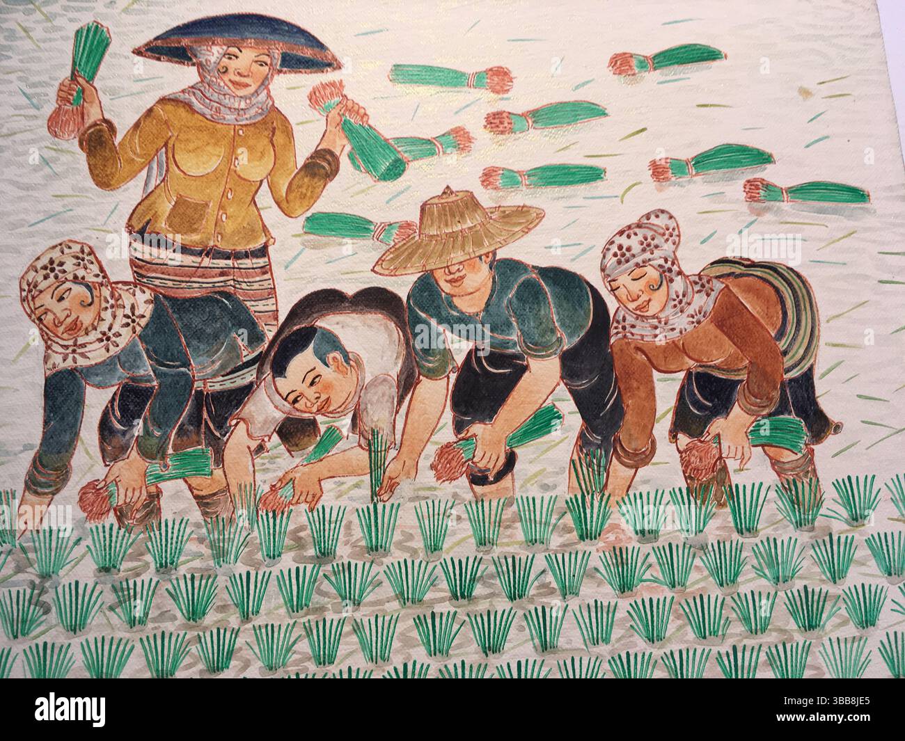 >A watercolor painting shows a group of people planting rice in a field ...