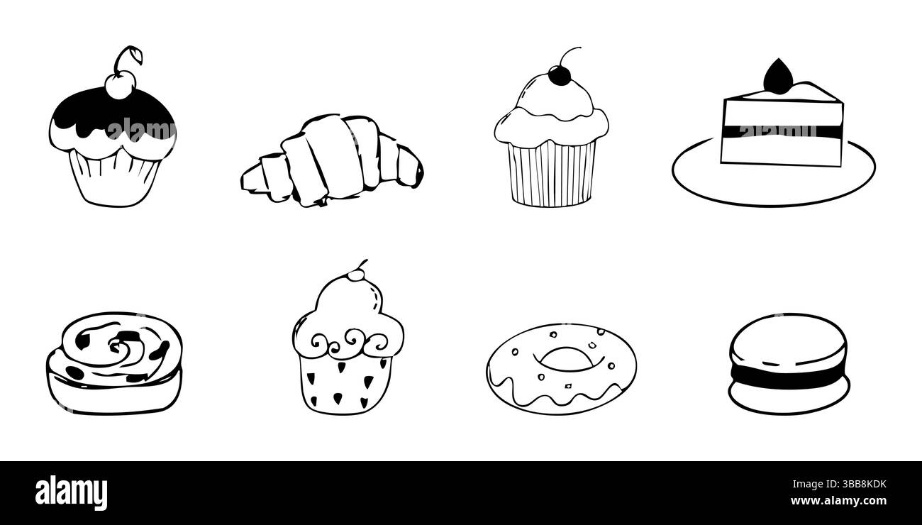 Dessert doodle icon set, breakfast bun, donut cupcake and candies ...