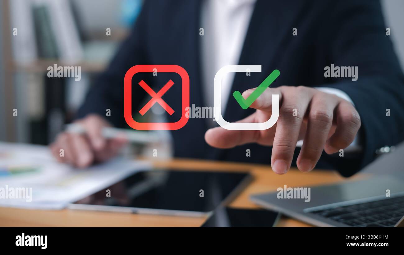 Businessman select green correct sign mark for approve business project ...