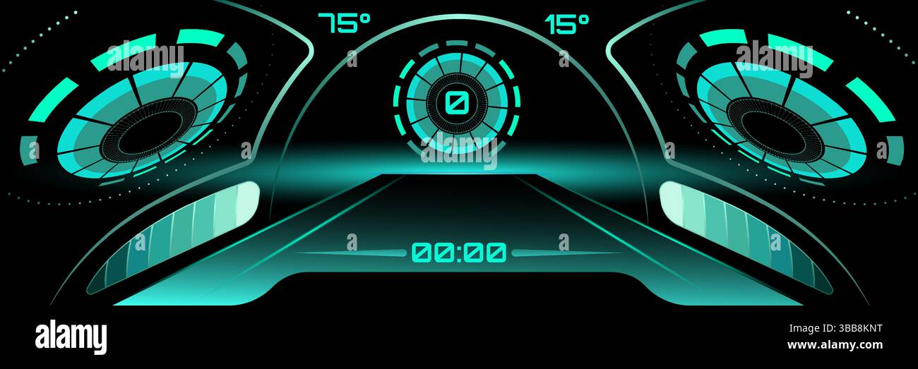 Futuristic neon artwork. Digital car dashboard with radial gauges and ...