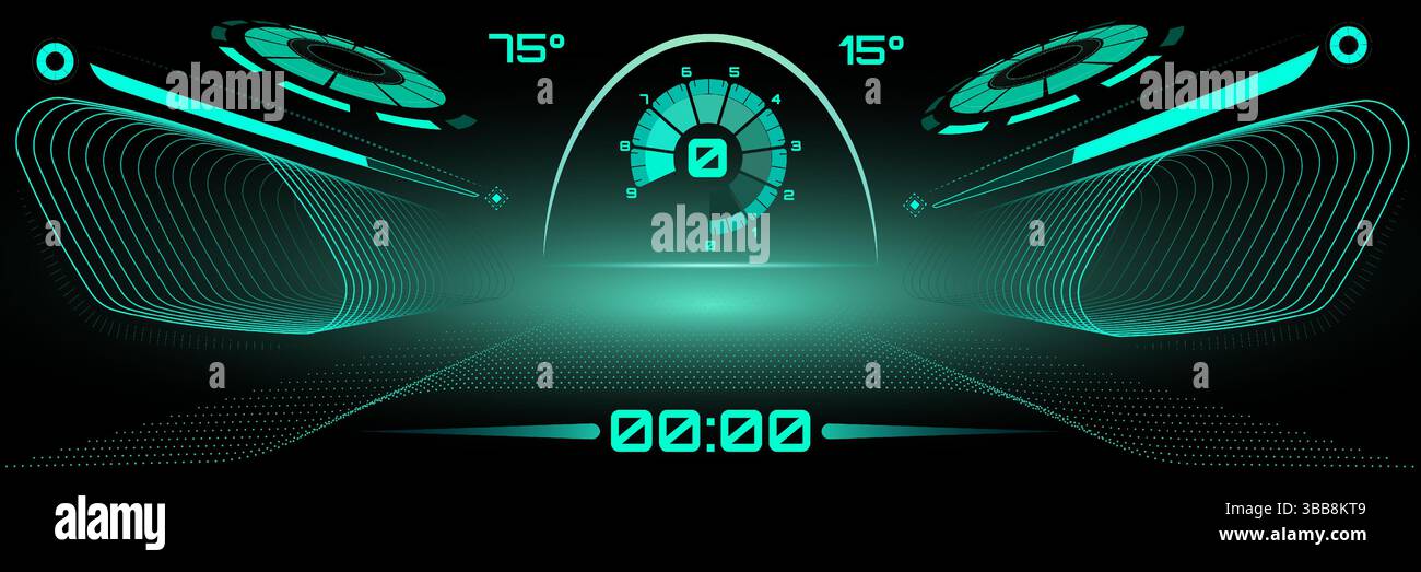Surreal art collage. Futuristic neon dashboard interface with digital meters, glowing arcs, and ...