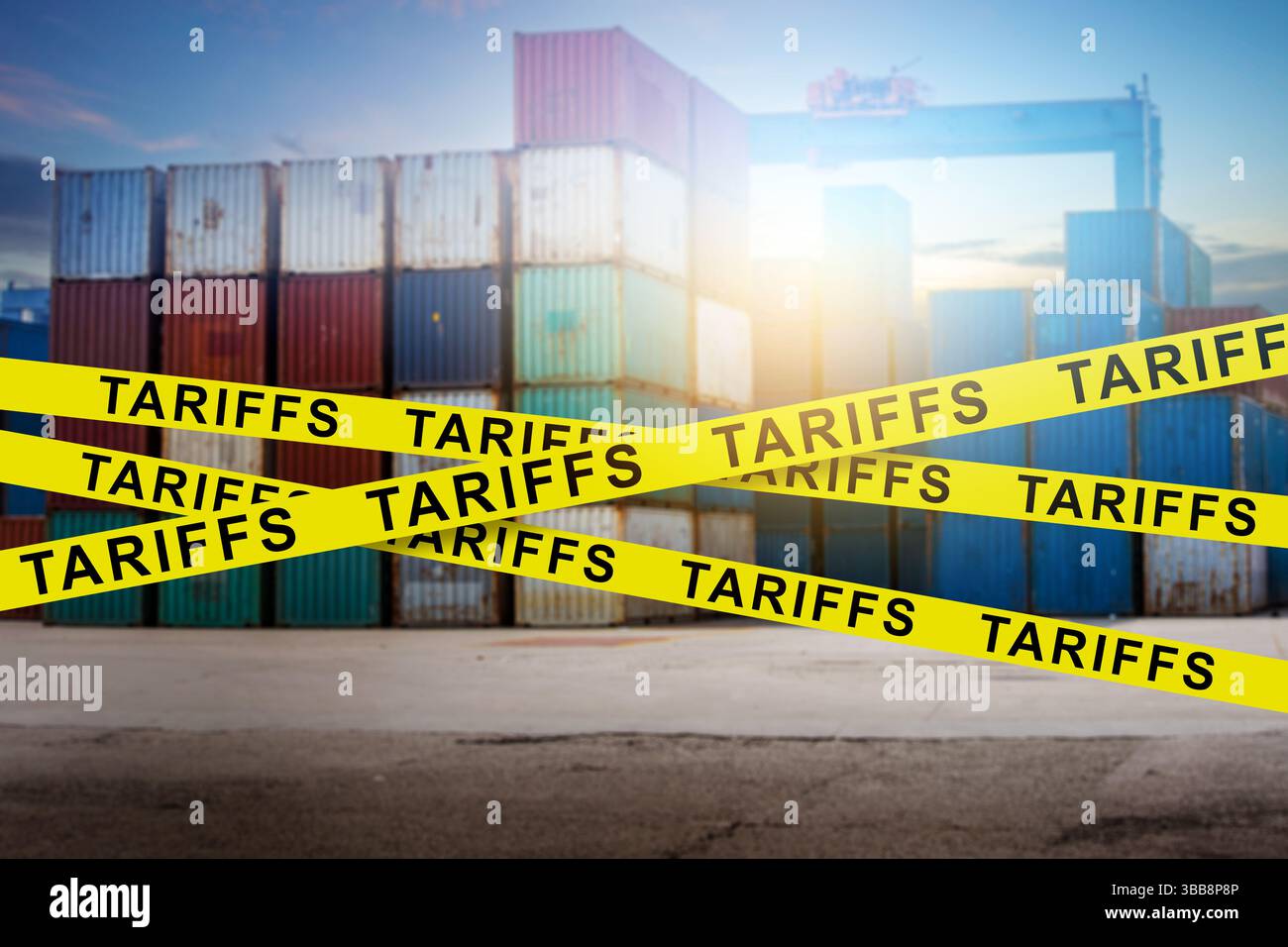 Cargo shipping containers in the port symbolize trade with caution tape ...