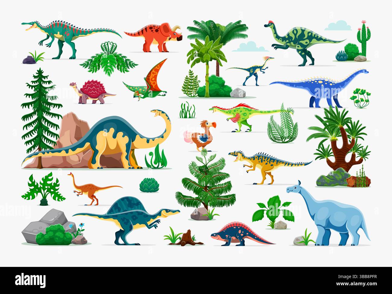 Prehistoric dinosaur characters with jungle forest trees and plants ...