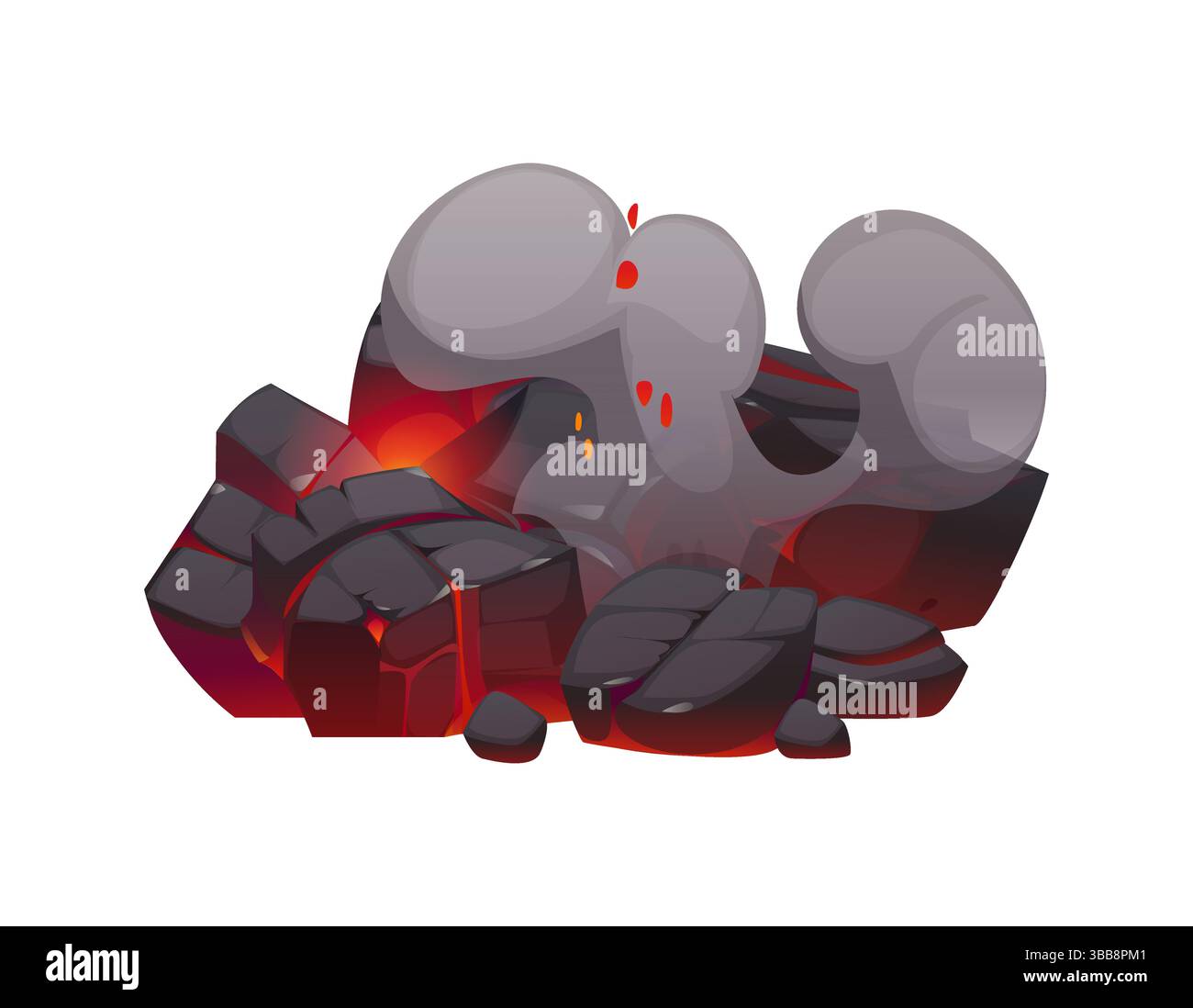 Cartoon fireplace charcoal with fire flames on burn ember coal pieces ...