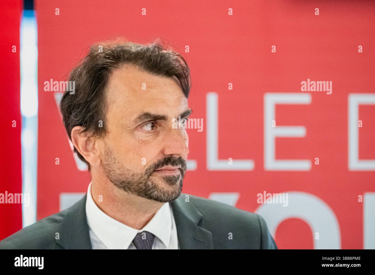 Portrait of Gregory Doucet, Lyon's ecologist mayor, at the inauguration ...