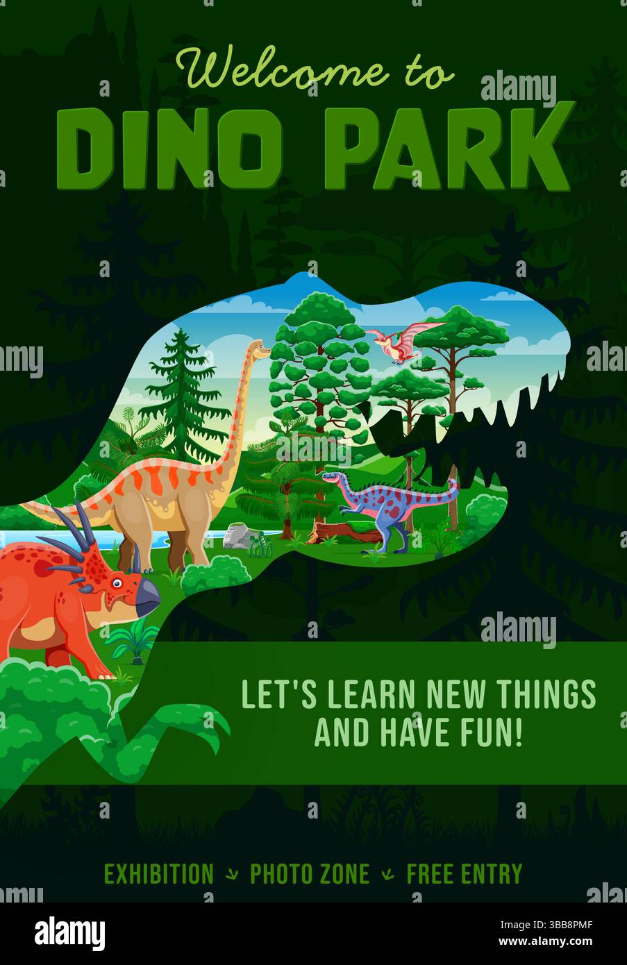Dino park poster with T Rex silhouette and cartoon dinosaurs in ...