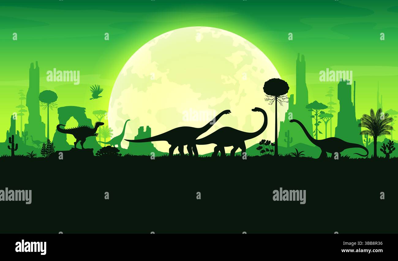 Prehistoric dinosaurs silhouettes on sunset landscape with trees, rocks ...