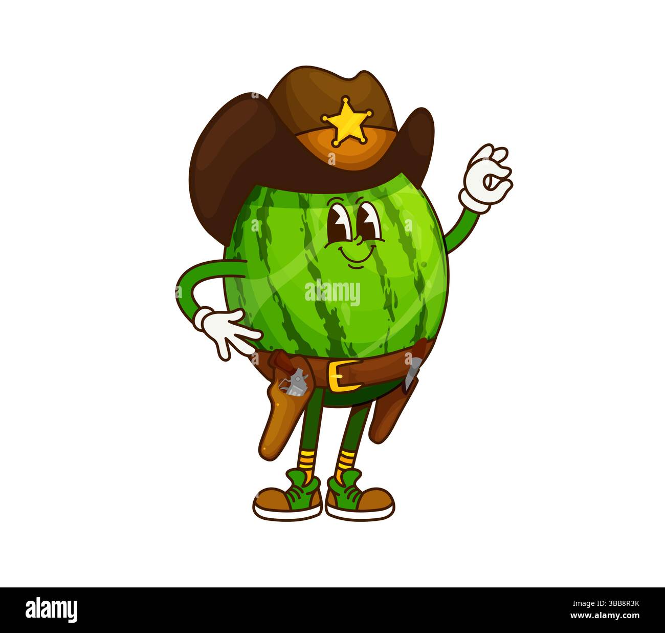 Cartoon groovy watermelon sheriff or cowboy ranger and bandit, vector ...