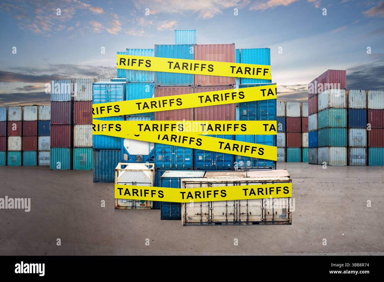 Cargo shipping containers in the port symbolize trade with caution tape ...