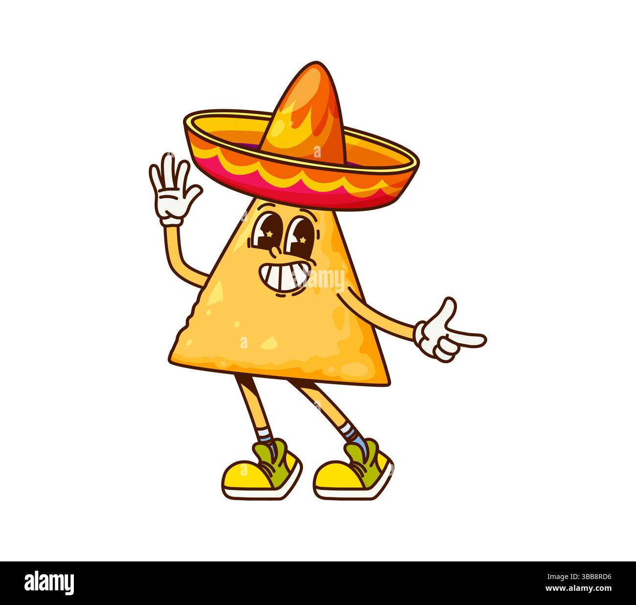 Cartoon groovy Mexican nachos chip character wearing sombrero and ...