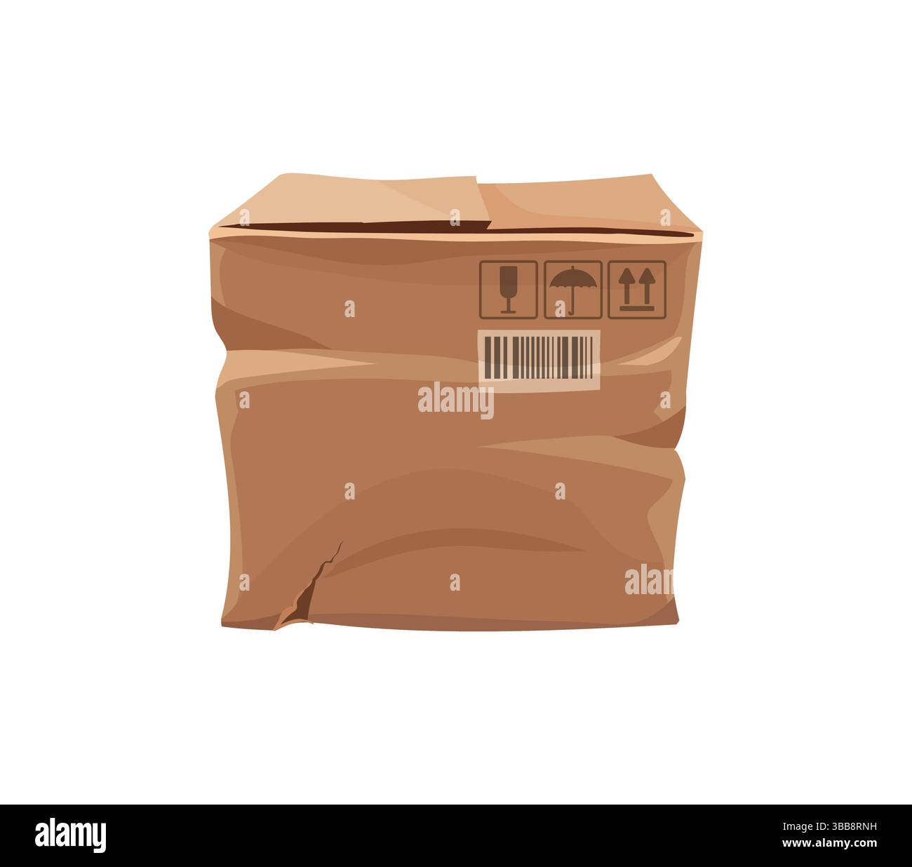 Deformed broken damaged crumpled cardboard box package, crushed or ...