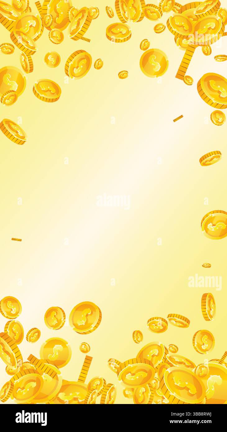 American dollar coins falling. Scattered gold USD coins. USA money ...