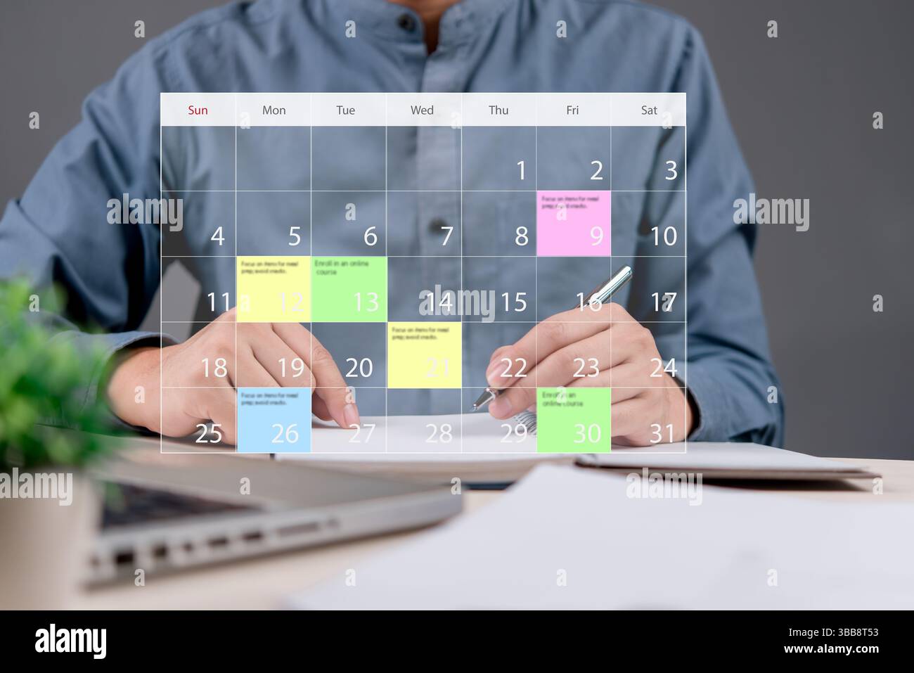 Businessman planning schedule with a digital calendar interface ...
