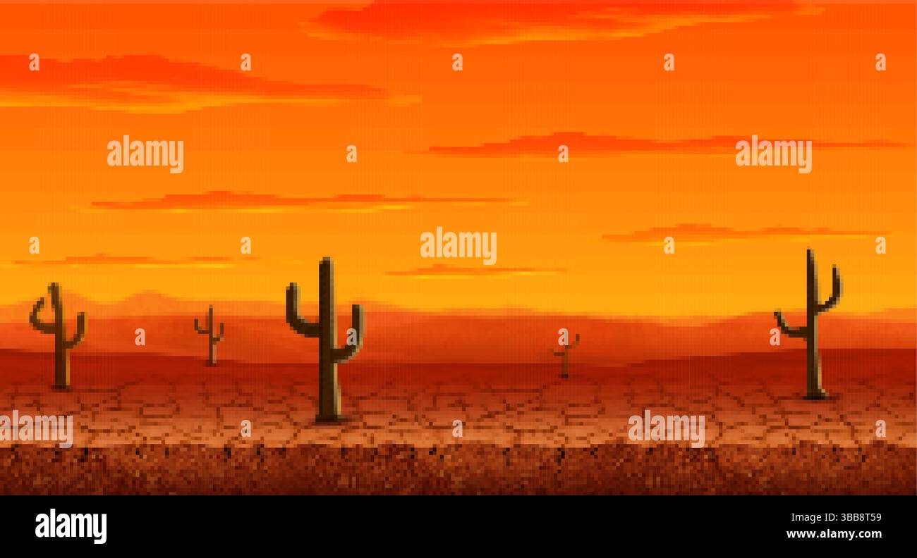 8bit pixel art Western or Mexican desert landscape for game background ...