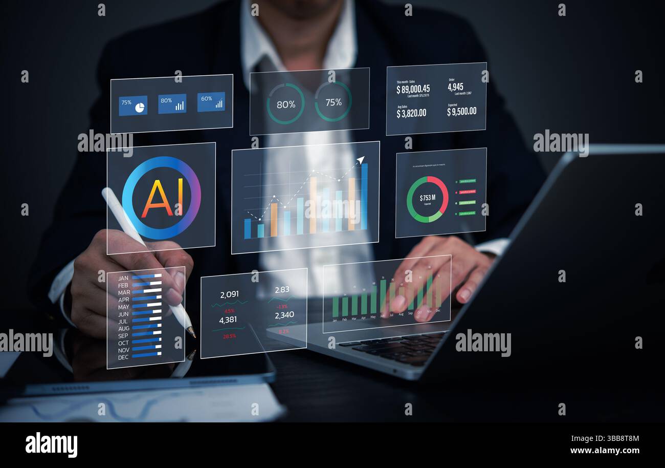 Businessman analyzing AI-powered data visualization with financial ...