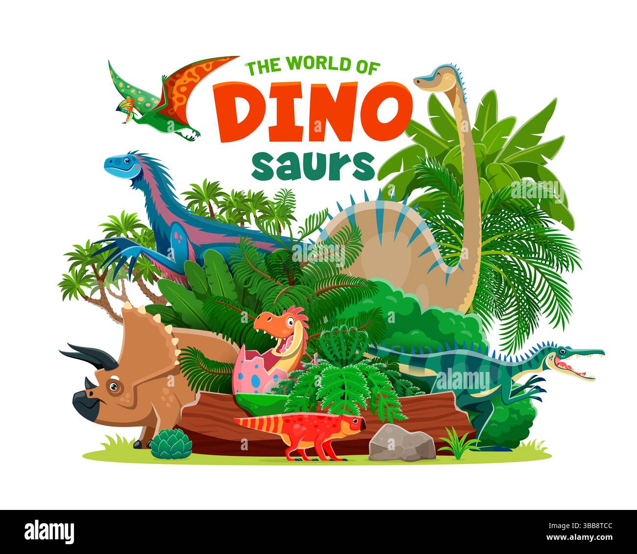 Cartoon prehistoric dinosaur characters in Jurassic era forest, vector ...