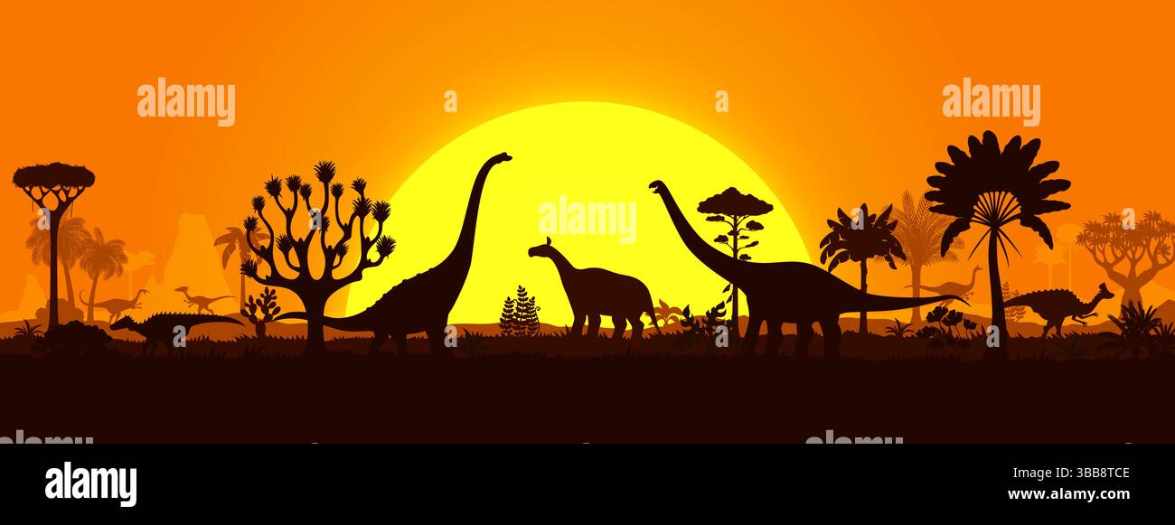 Dinosaurs silhouettes on sunset prehistoric landscape with palm trees ...