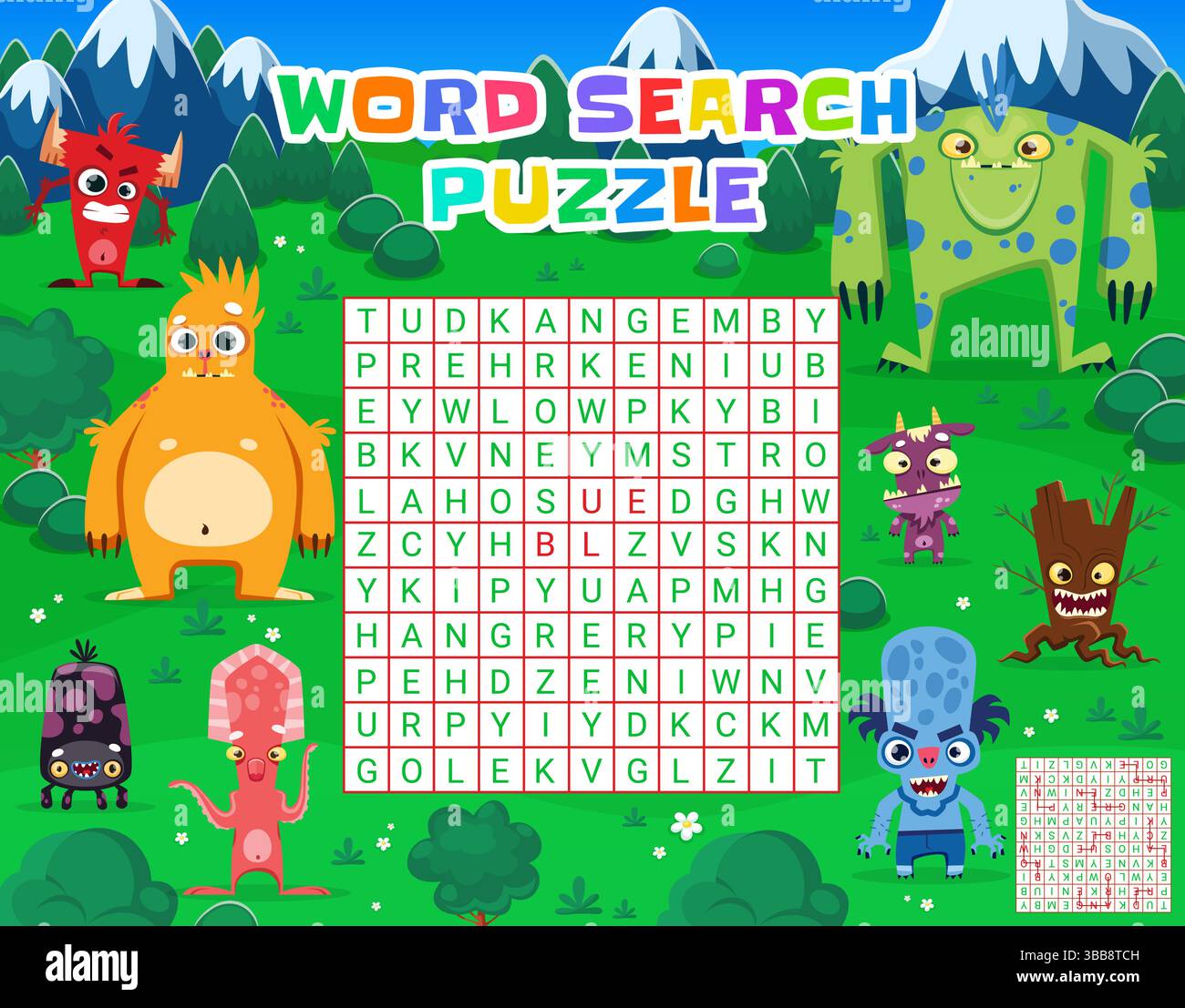 Word search puzzle game quiz with cartoon funny monster characters ...
