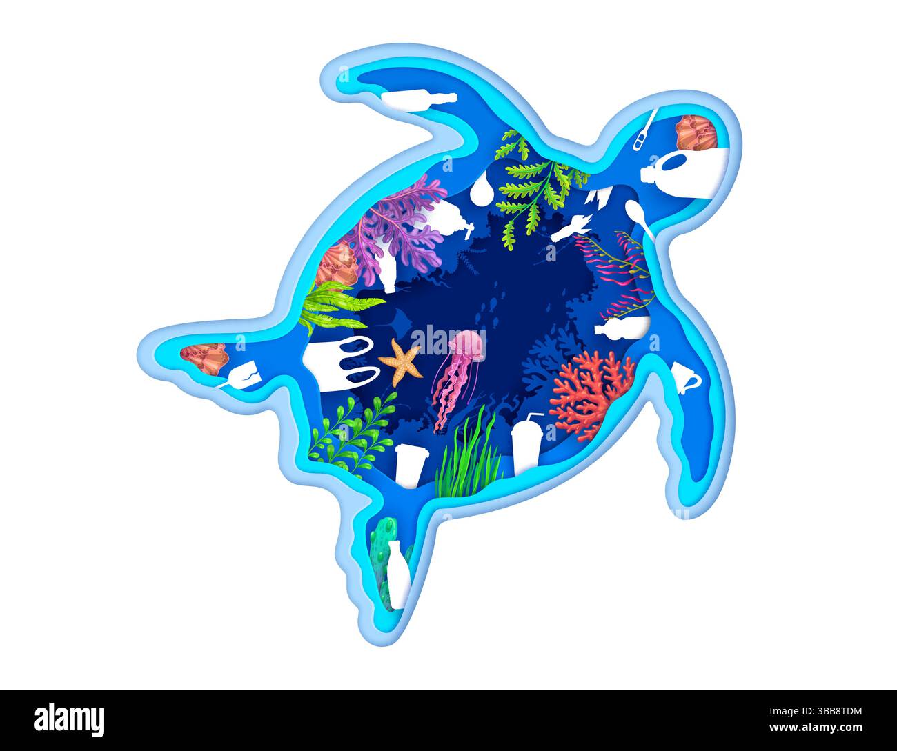 Save the ocean paper cut turtle silhouette with plastic waste and ...