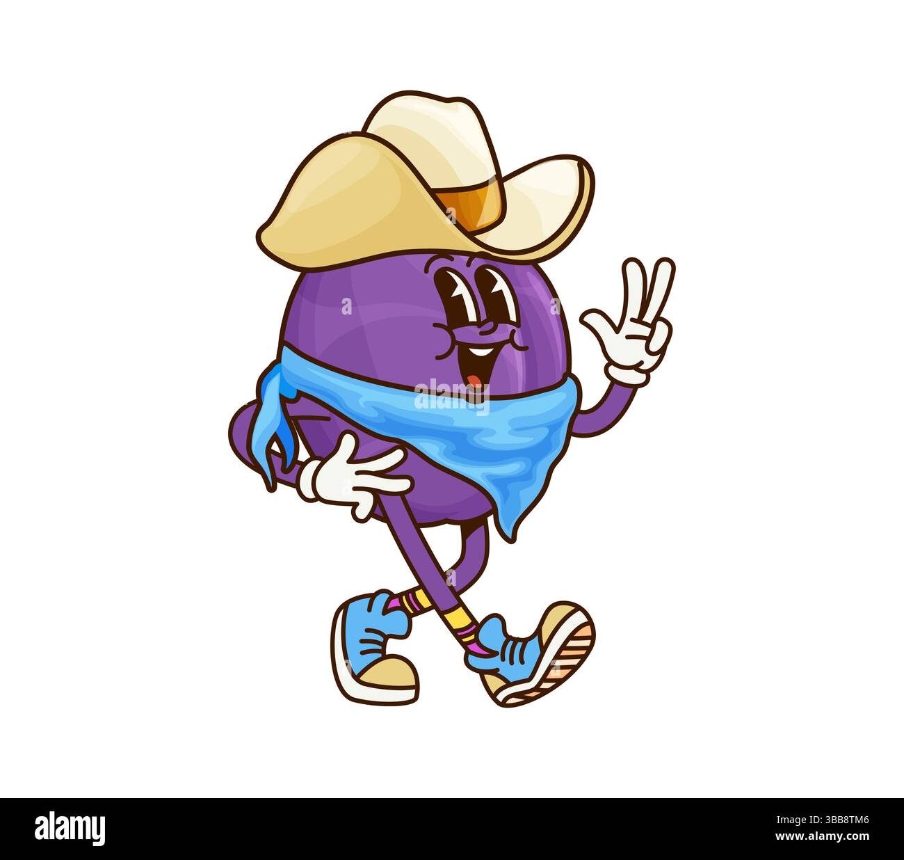 Cartoon groovy plum fruit cowboy, sheriff, ranger and bandit character ...