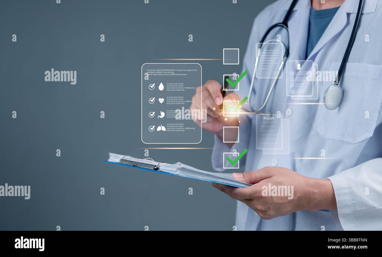 Medical technology with doctor using digital interface, AI healthcare system, smart patient ...