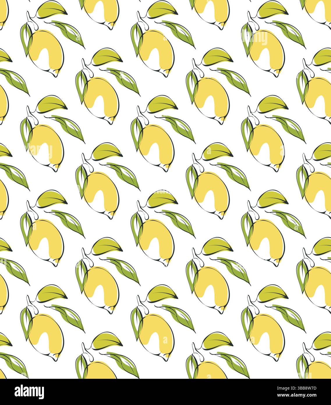 Lemon citrus fruit, line art seamless pattern. Elegant hand drawn doodle black ink brush stroke ...