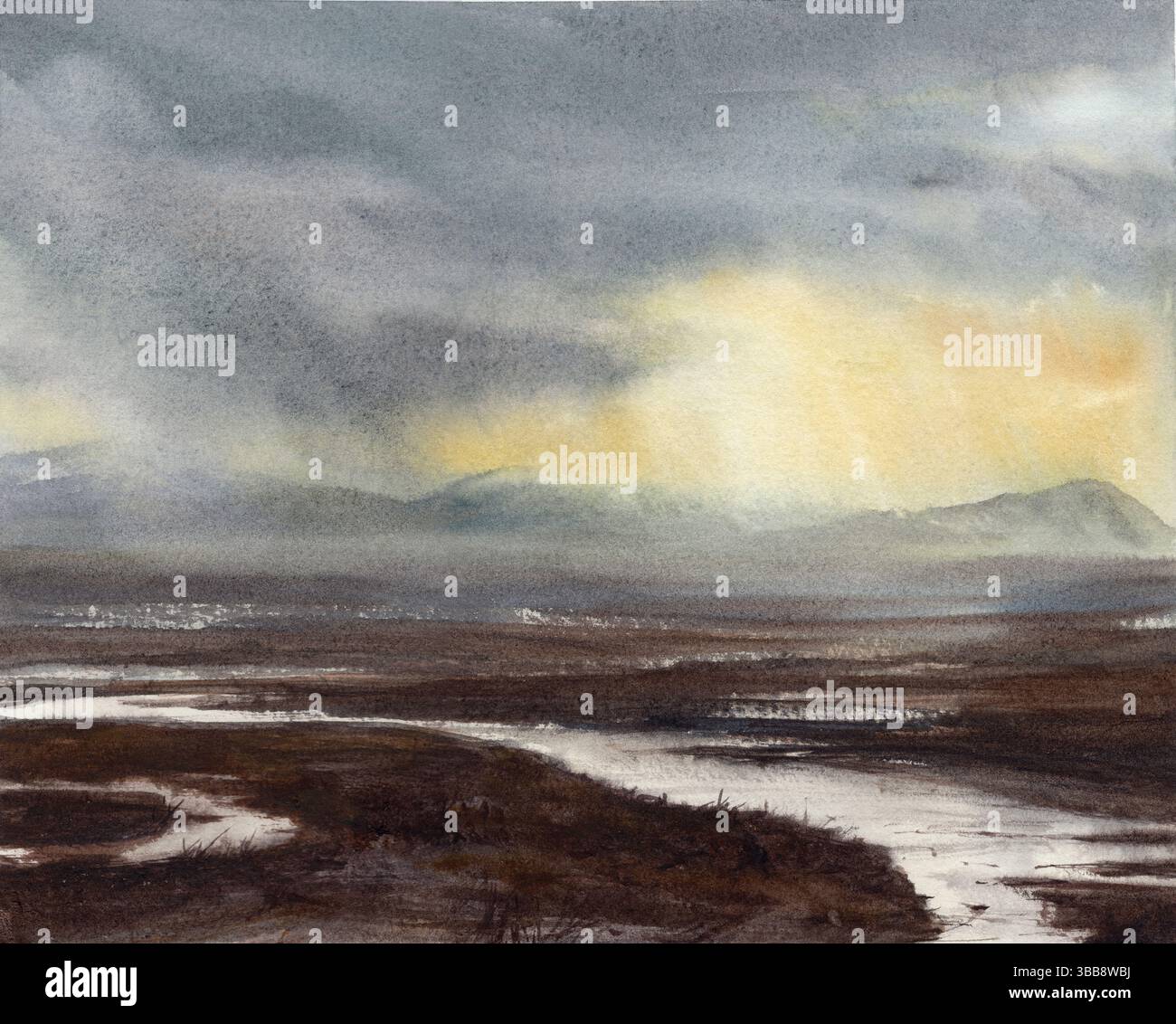 Watercolor Realistic Mountain River Landscape Illustration, Serene ...