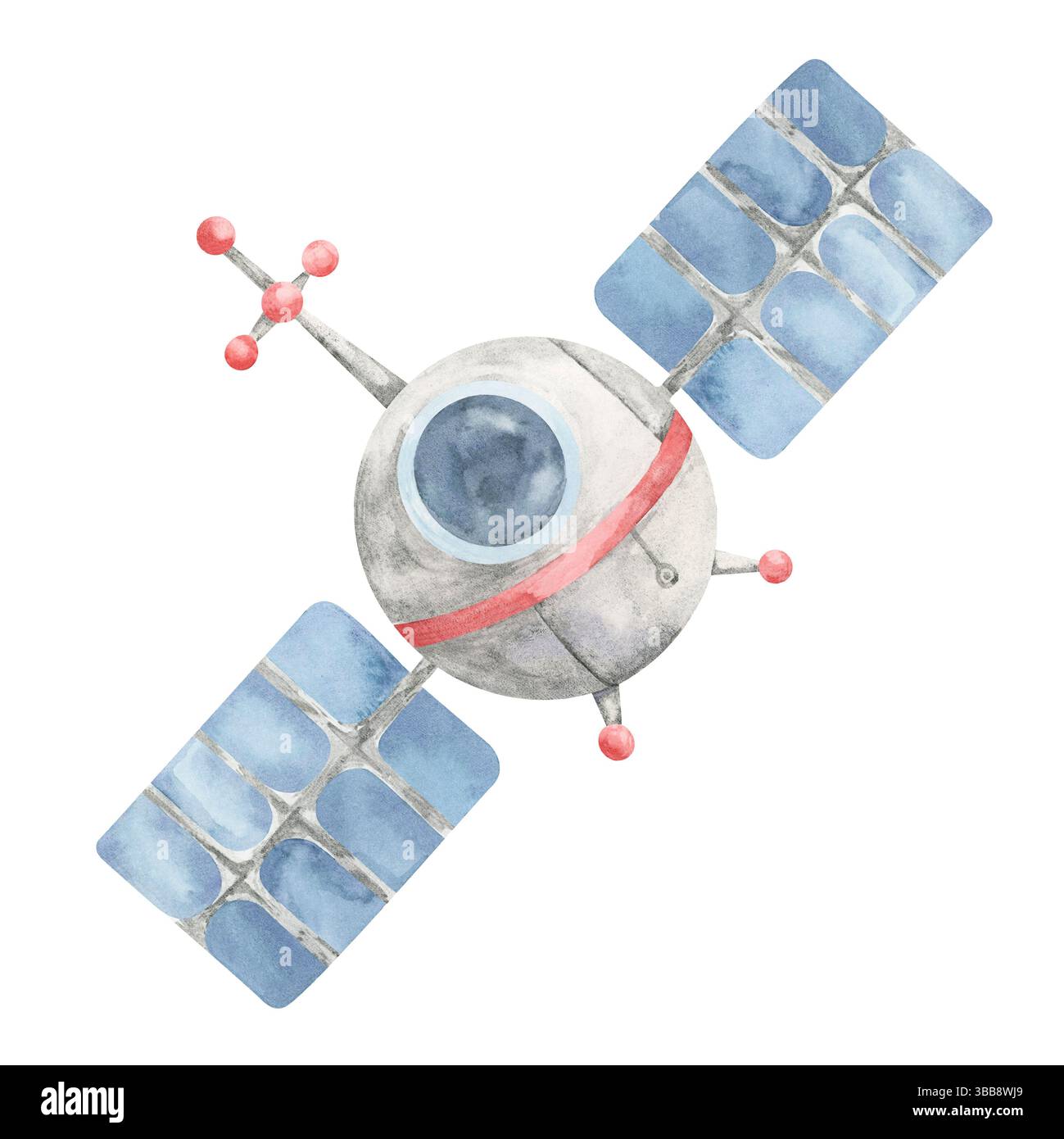Light gray and blue satellite with red details in watercolor clipart. Space orbiter clipart ...