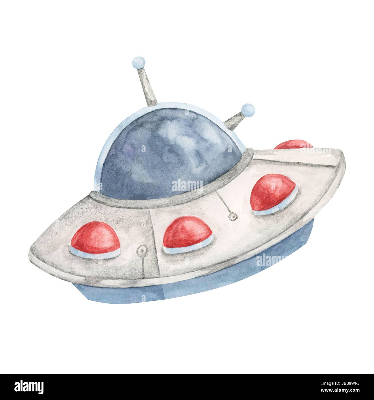 Blue and gray UFO with red lights in watercolor. Flying saucer or alien ...
