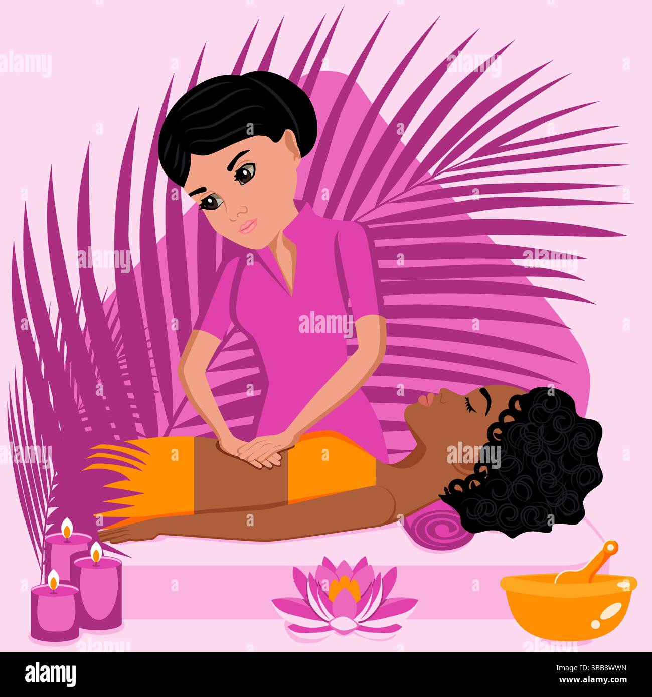 Abdominal massage. Therapy and treatment by professional therapist in SPA. Isolated flat vector ...