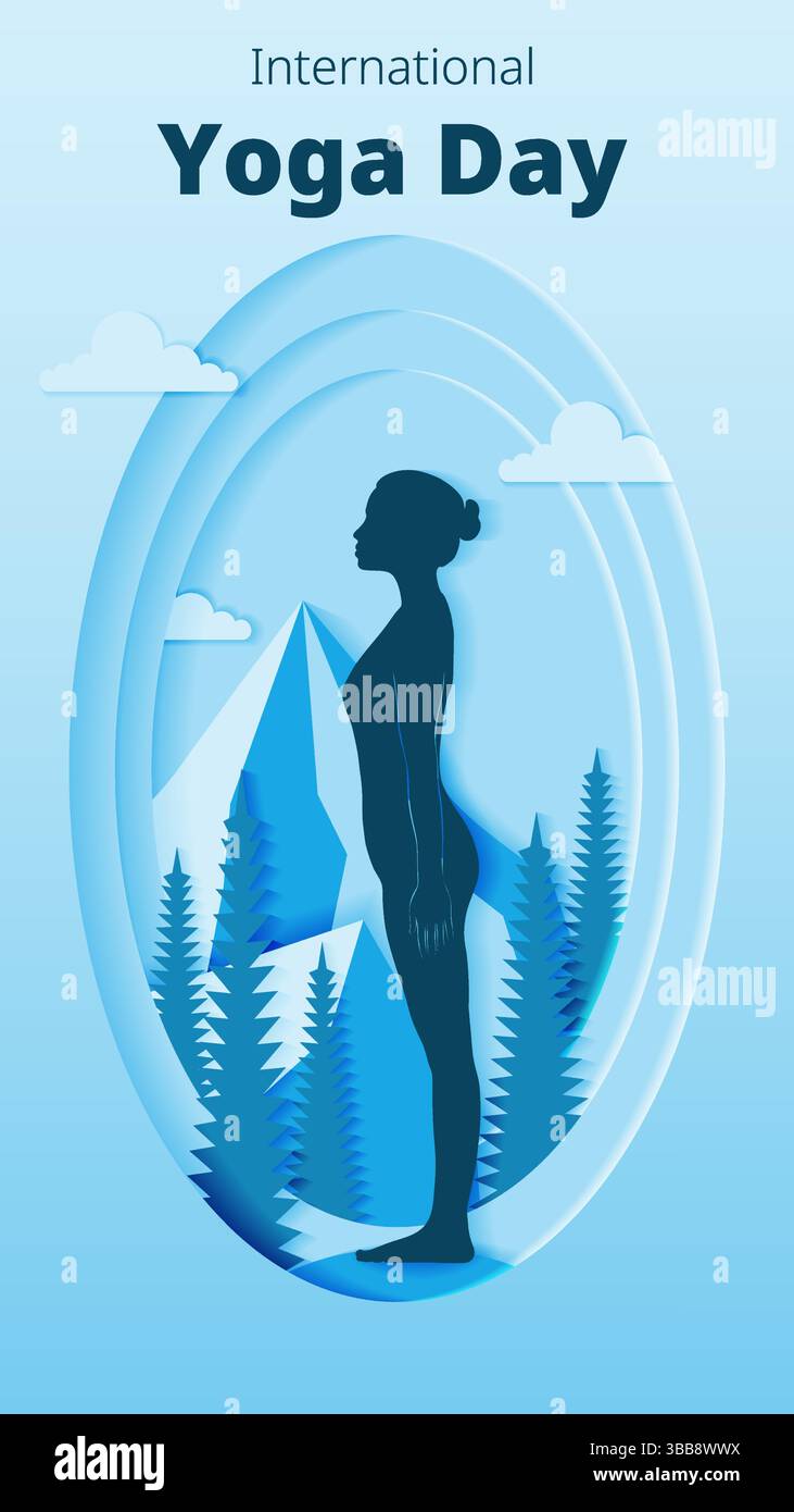 International Yoga Day. Vertical template. Tadasana or Mountain pose ...