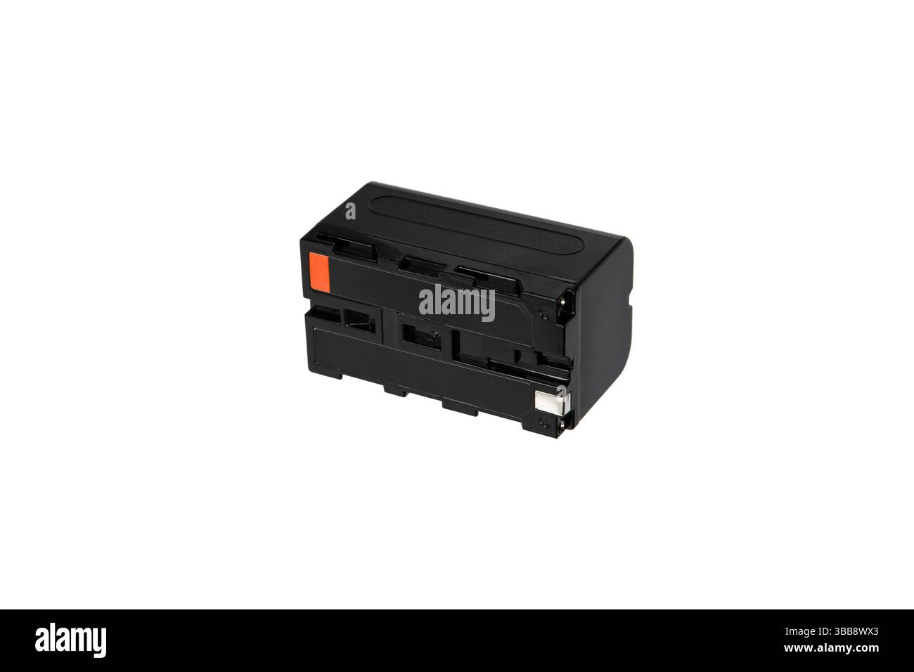 Black camcorder battery with visible contacts and orange label ...