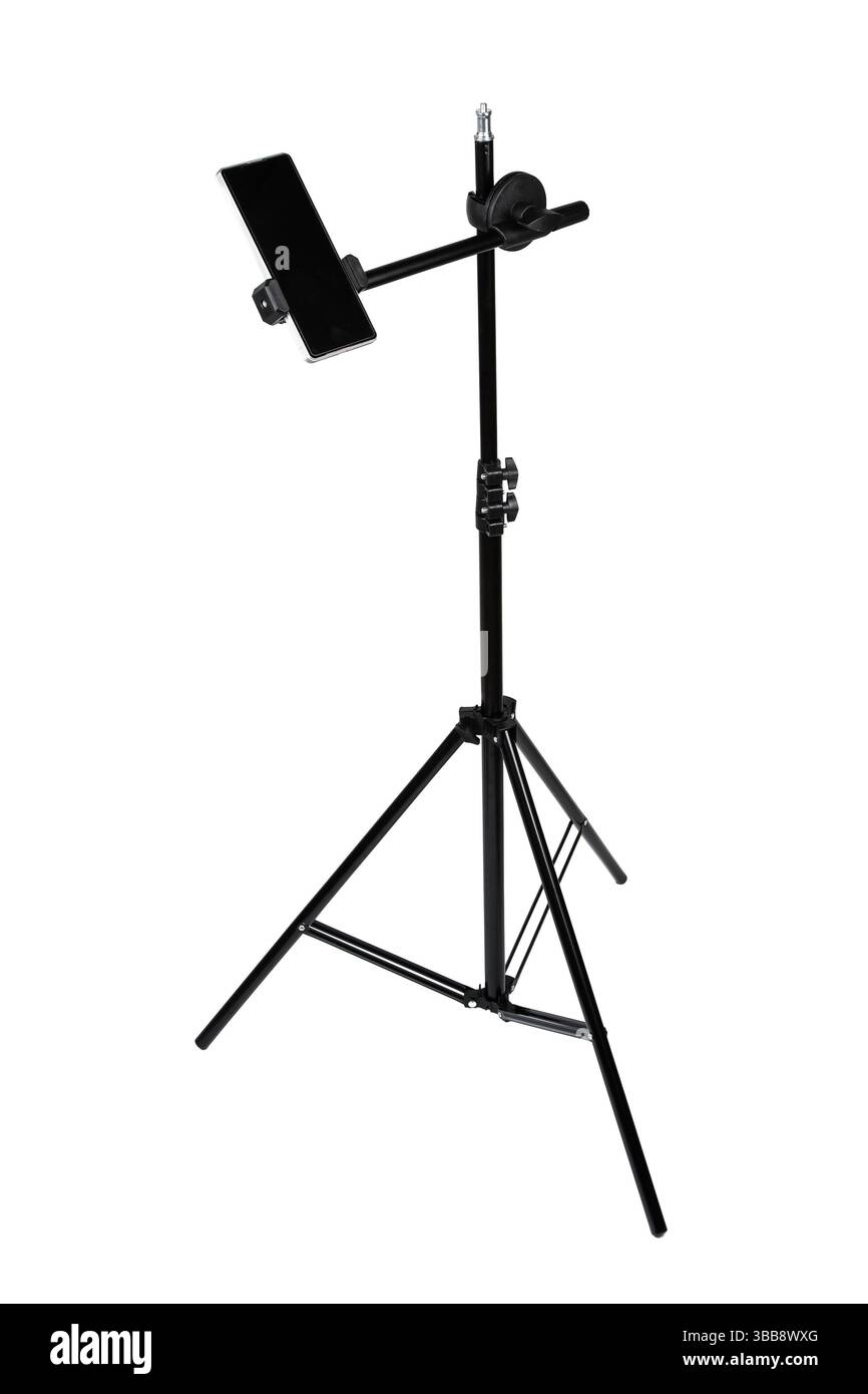 Tripod stand with mounted smartphone in holder, side view, isolated on ...