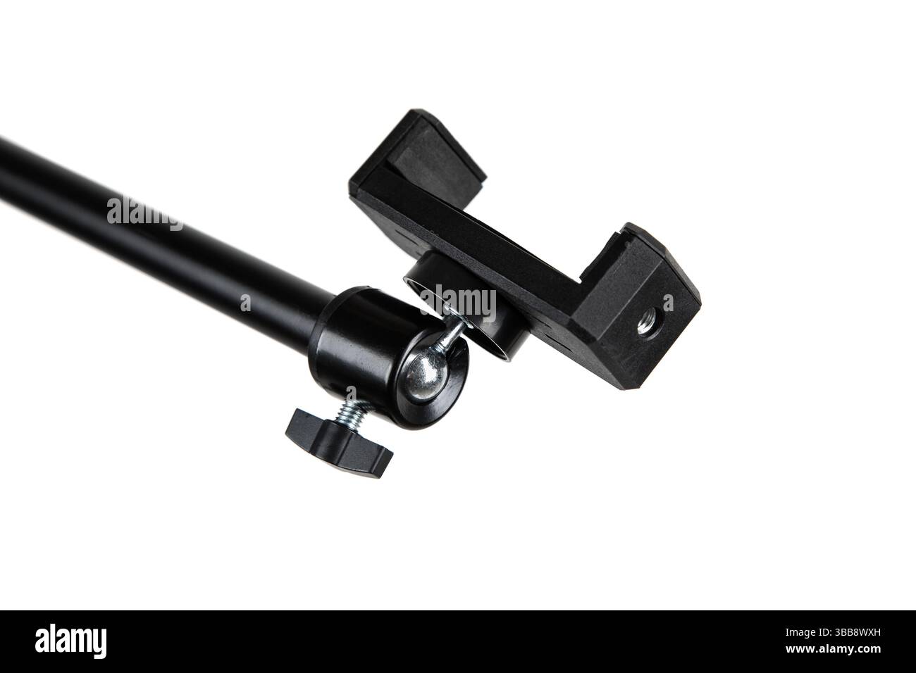 Close-up of adjustable smartphone holder joint on tripod arm, isolated ...