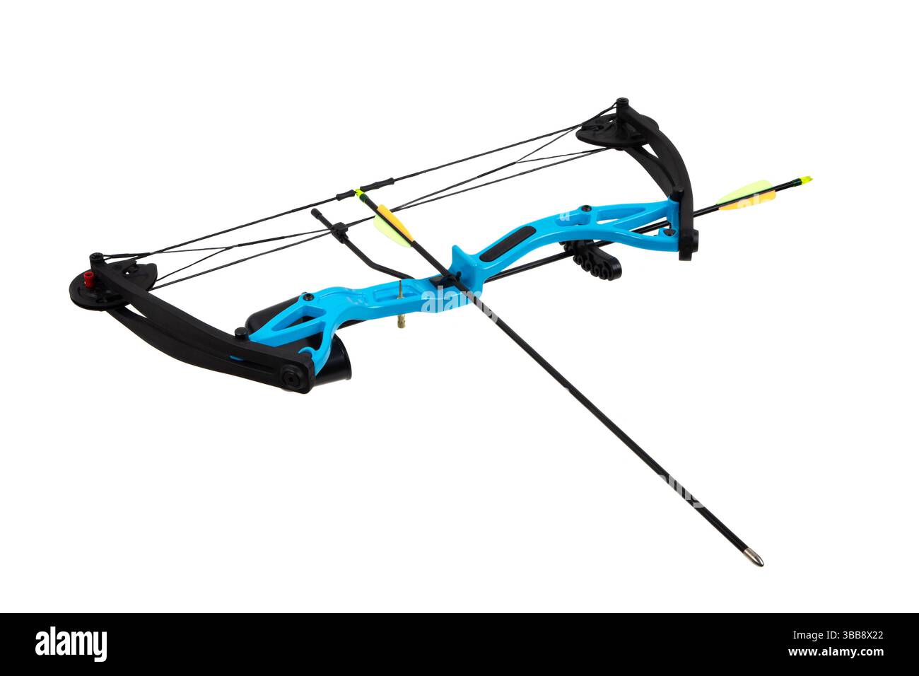 Blue compound bow with two arrows, isolated on white background, modern ...
