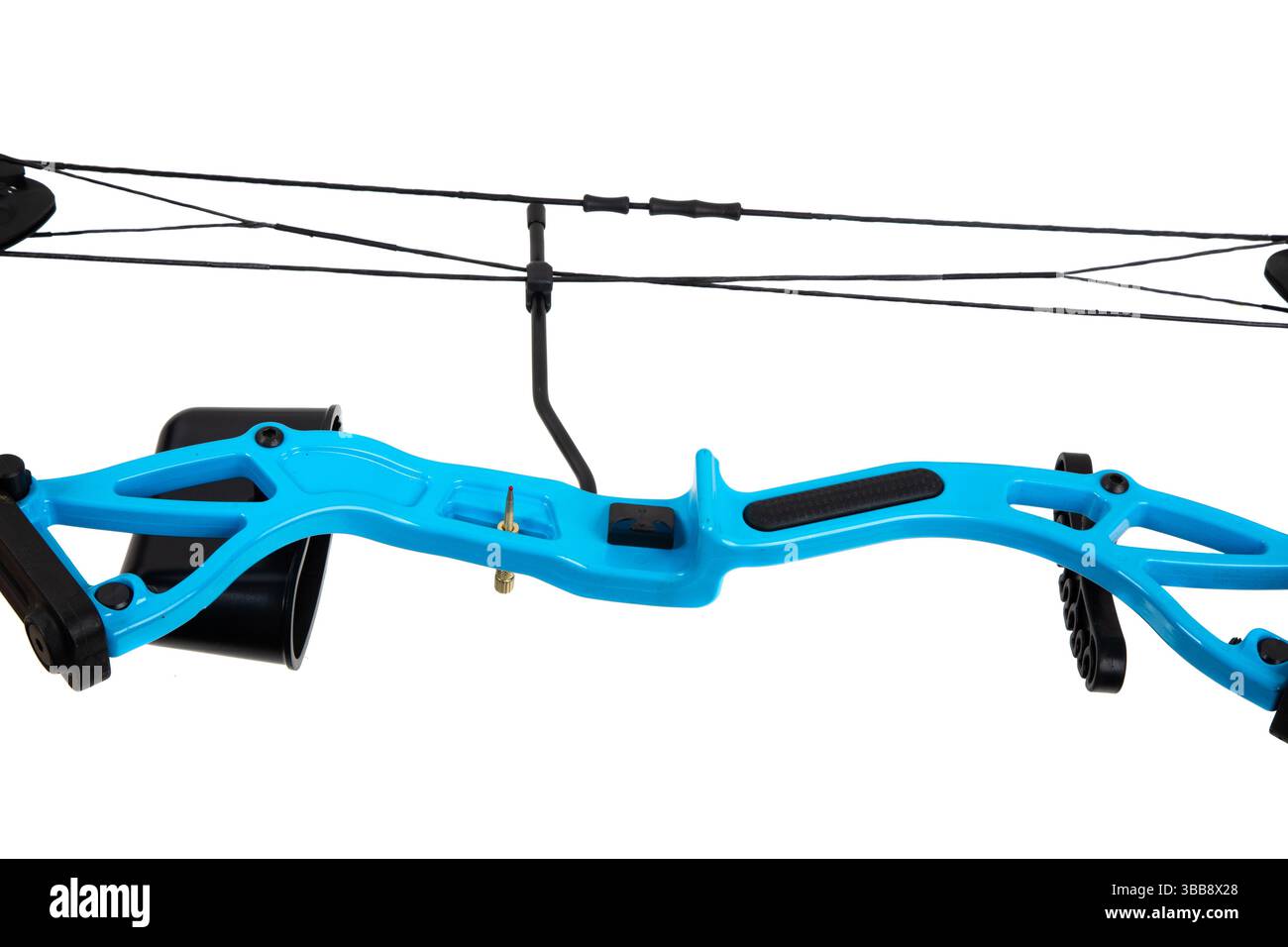 Close-up of blue compound bow riser and cable system, isolated on white ...